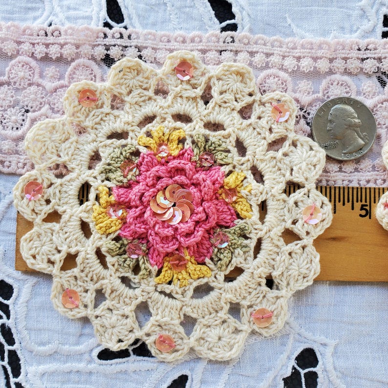 Colorful Crochet Center Flower Lace Doily Crocheted 4.5" Cotton Sequins ...
