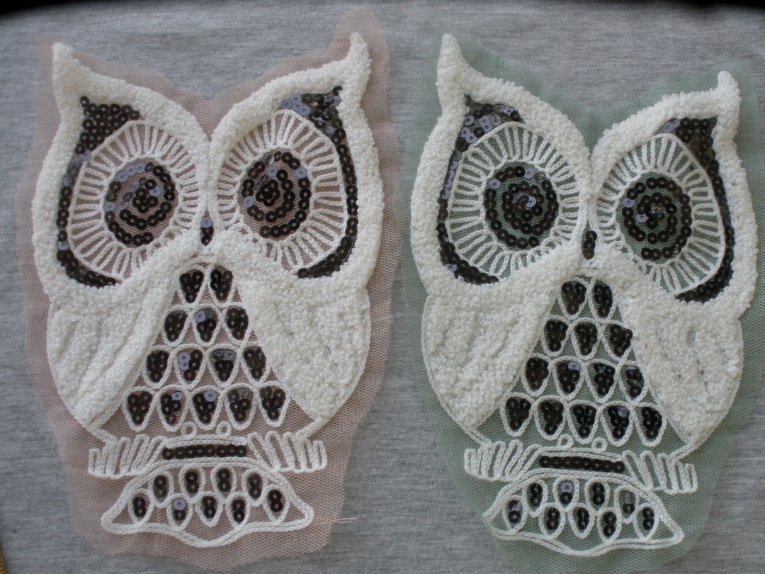 Textured Ivory & Black Sequin Owl Applique Embroidered on Green or Pink ...