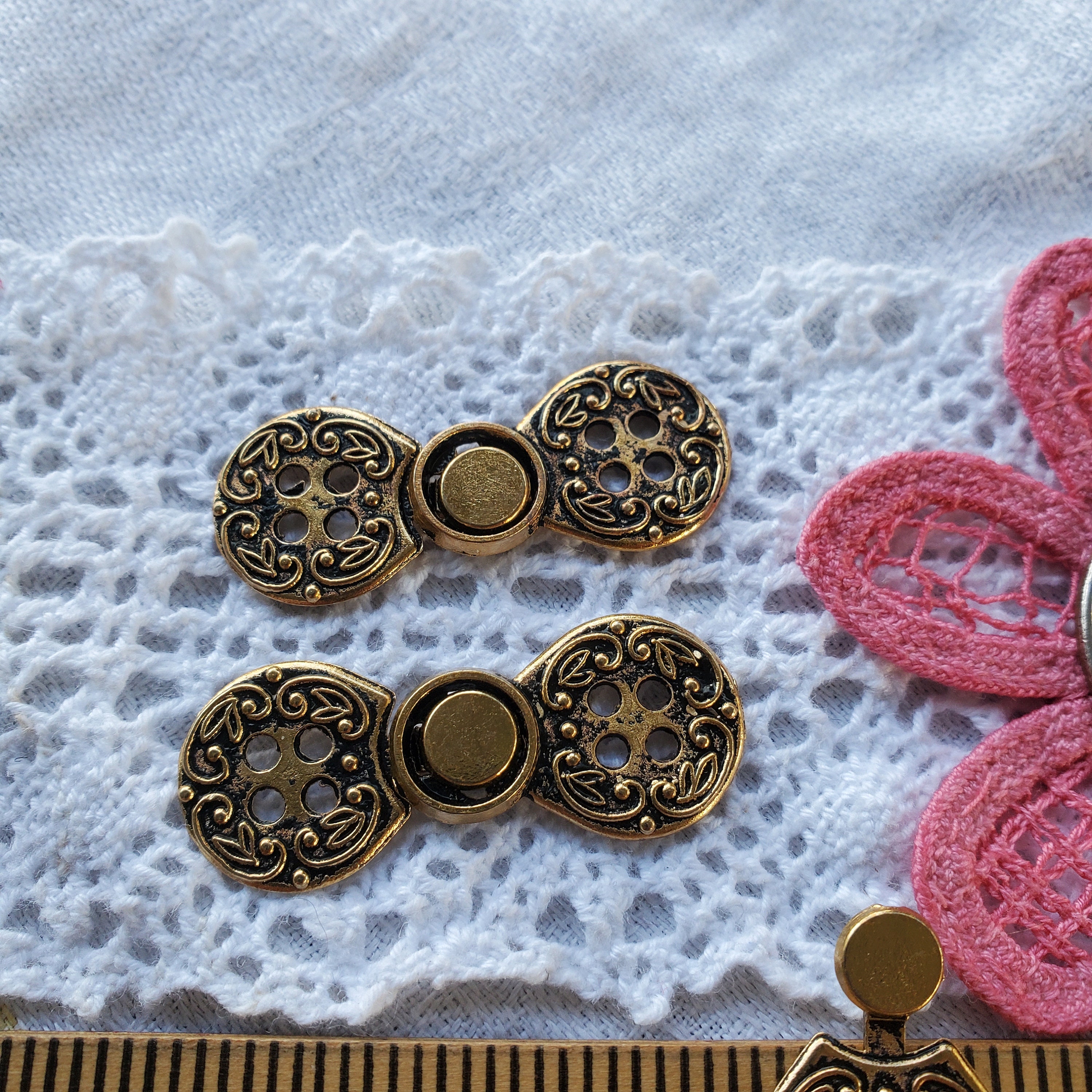 Antique Gold Tone Sweater Clasp Button Shape Medium Hook and Loop Coat ...
