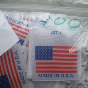 100 MADE IN U.S.A. Tags American Flag Labels Printed on Satin Ribbon ...