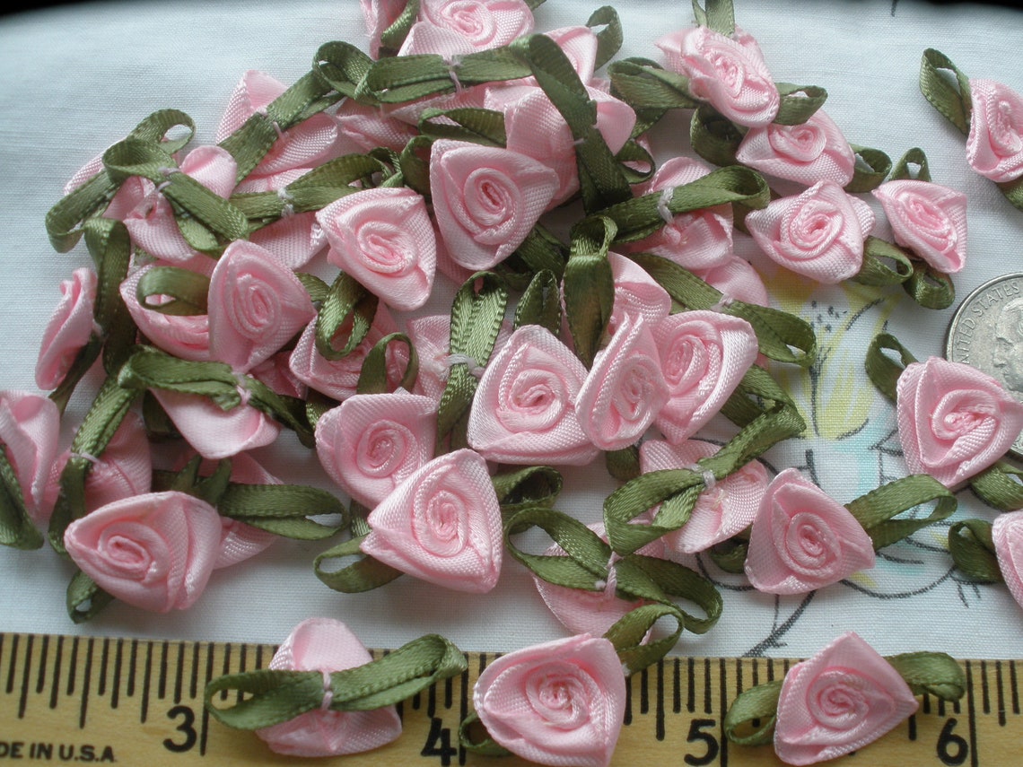 Tiny Petal Pink Satin Ribbonwork Flowers Rosettes Hand Sewn - Etsy