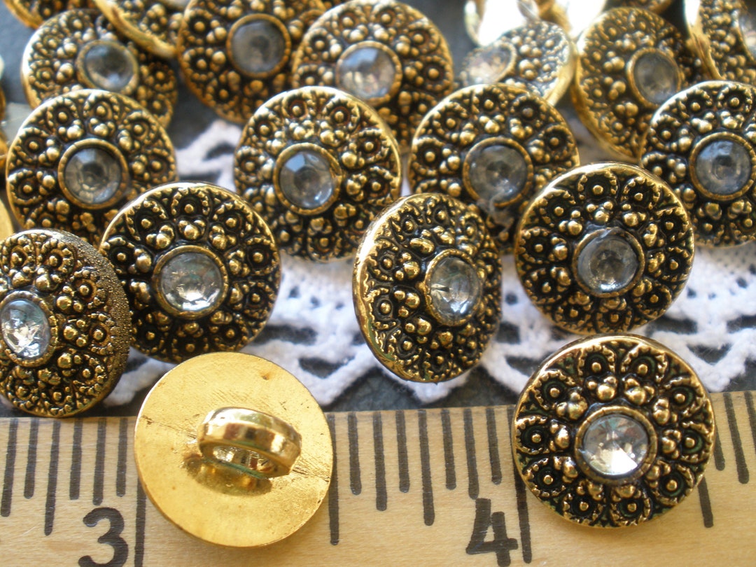 Antique Gold Flower Rhinestone Shank Buttons 22L 14MM 9/16" Metallic ...