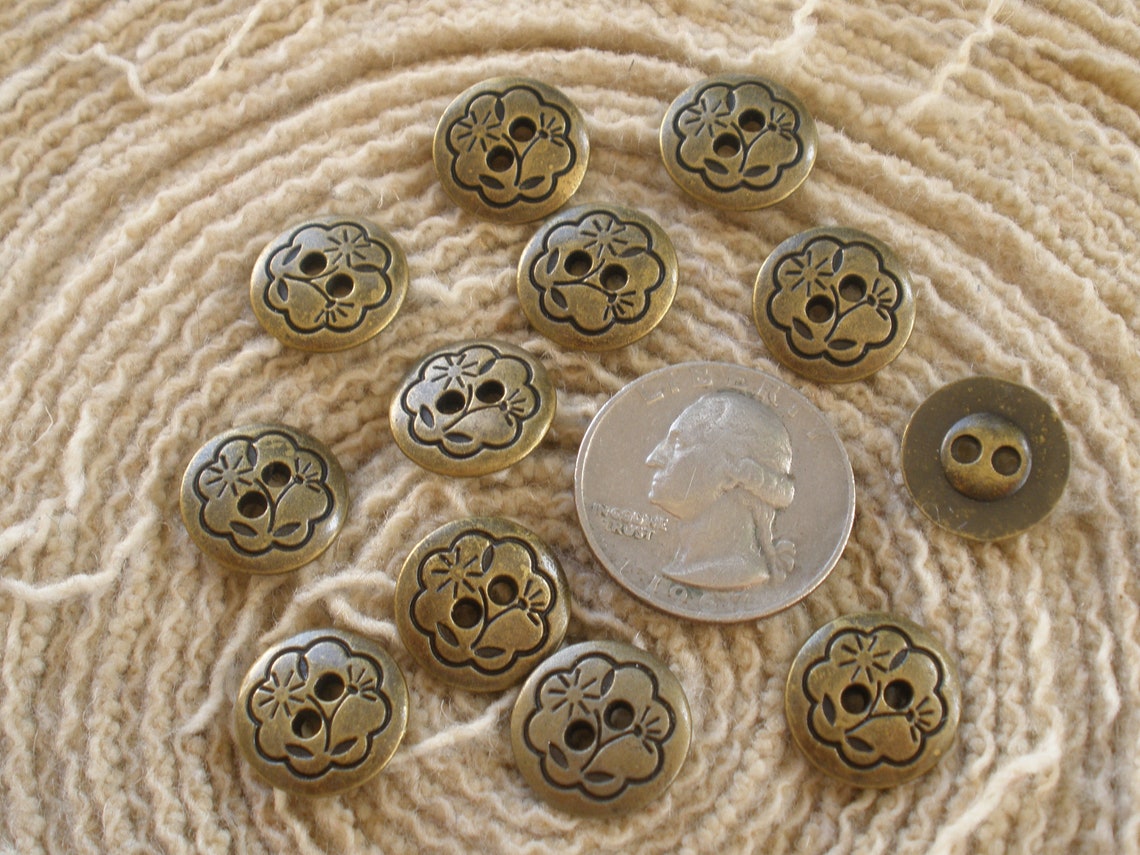 Stamped Flower Scene Buttons Bronze Tone Metal Sew on 15MM 23L Figural ...