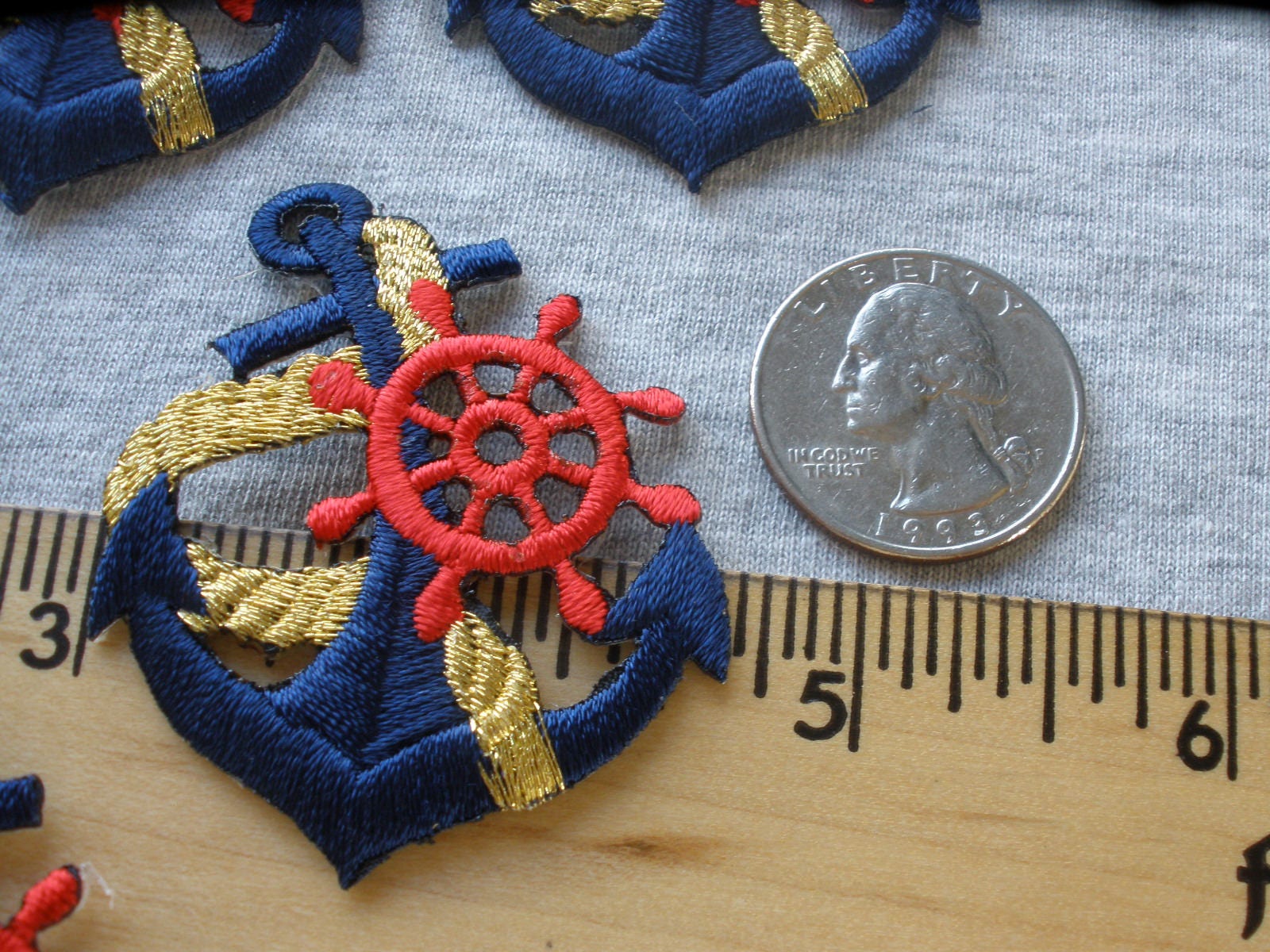 Anchor Wheel & Rope Iron on Patches Dark Navy Red Metallic Gold ...