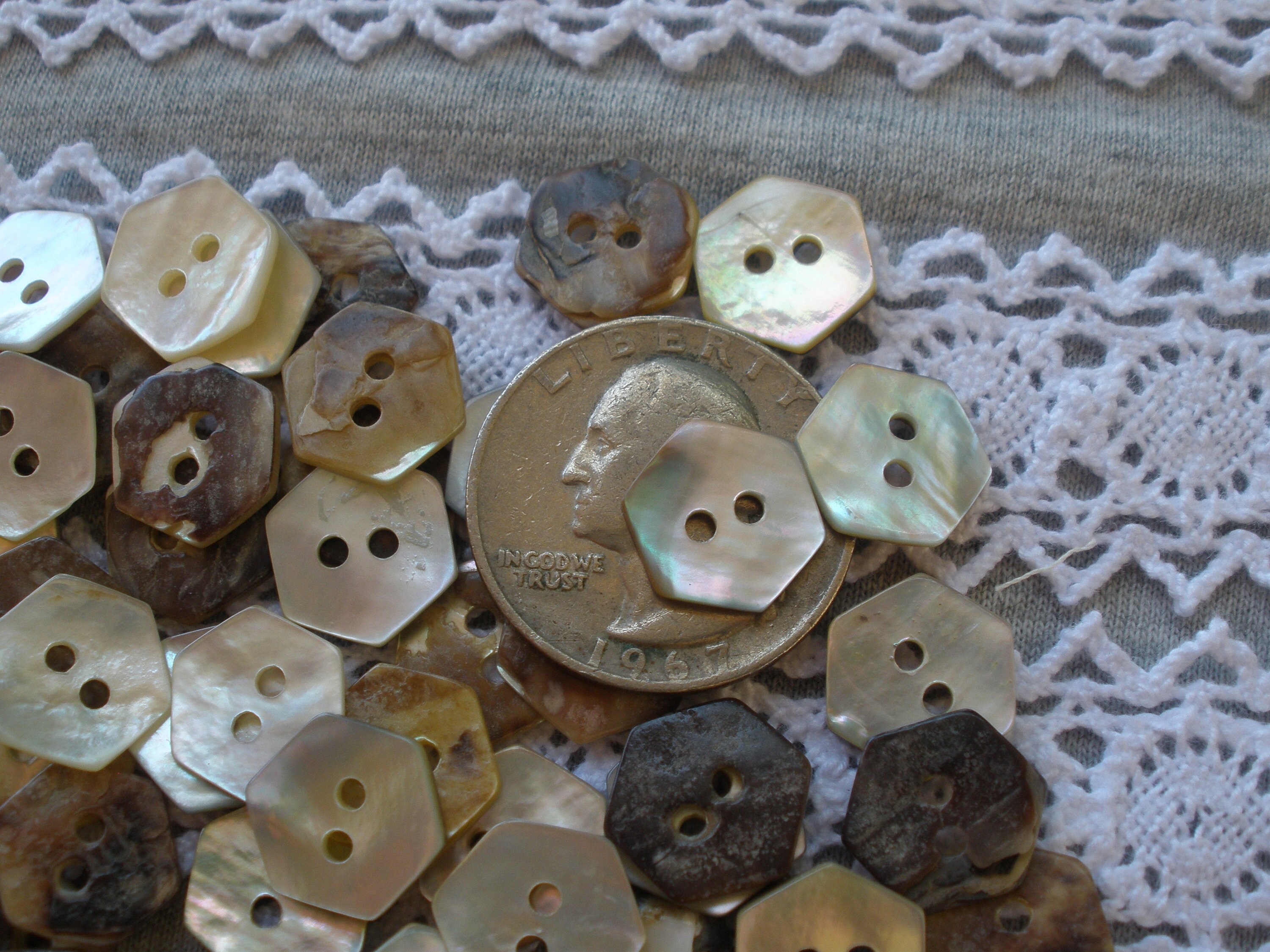 Hexagon MOP Shell Buttons Natural 11mm by 13mm 20L 1/2" Pearly White ...