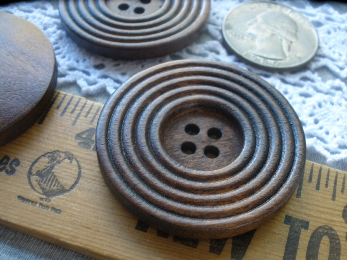 Carved Wood Coat Buttons Extra Large 38MM Medium Stain Wide Swirls Rim ...
