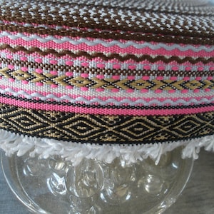 Tribal Woven Ribbon With Micro Loop Fringe 1 7/8" Wide Pink White Black ...
