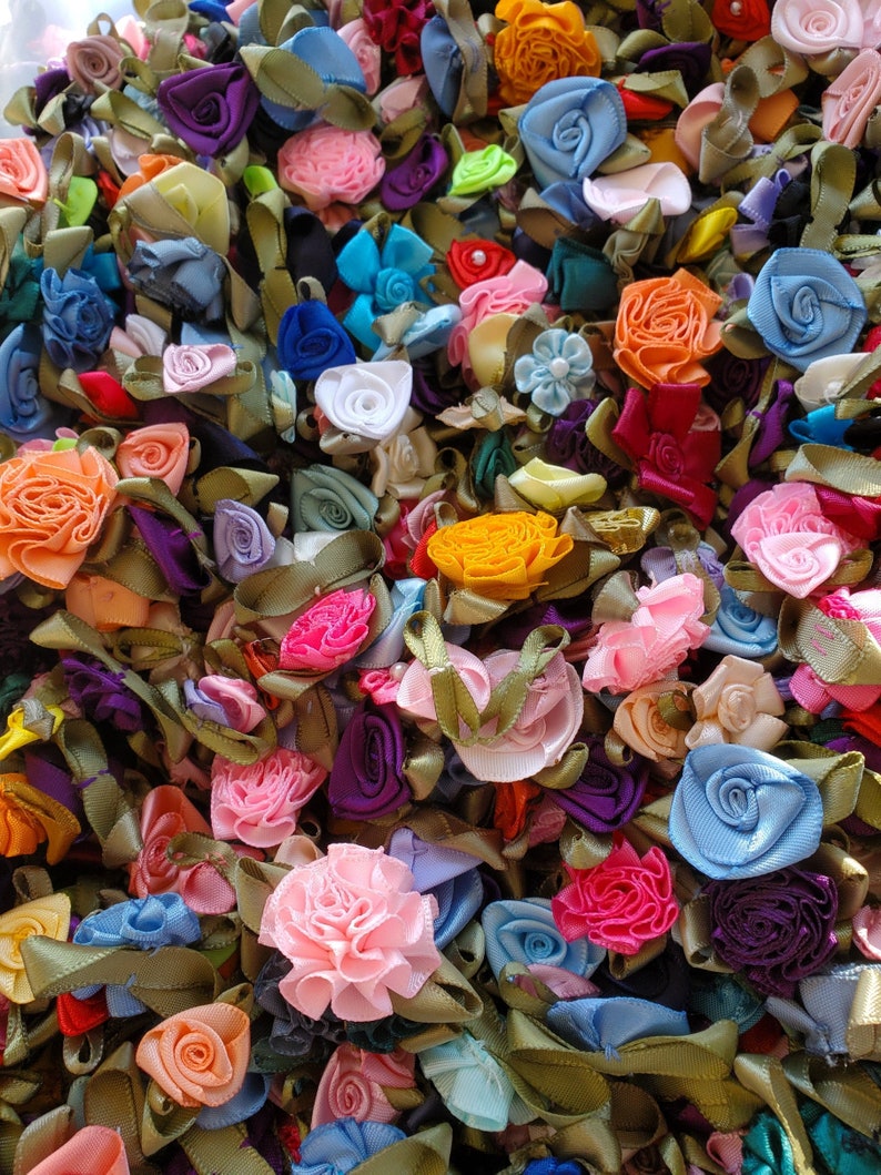 Ribbonwork Flowers Mixed Satin Ribbon Rosettes Hand Sewn - Etsy