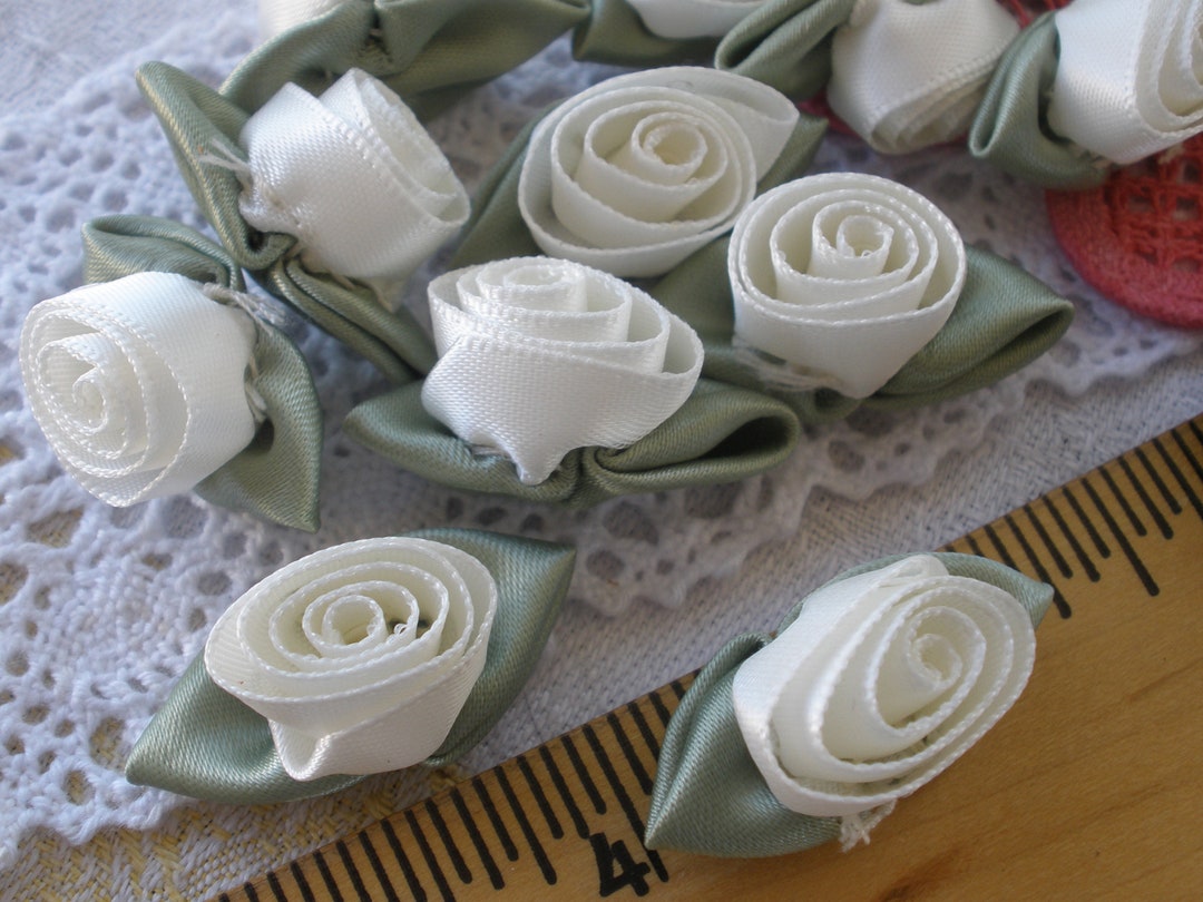 Antique White Satin Ribbon Roses Hand Sewn Appliques 24 Ribbonwork ...