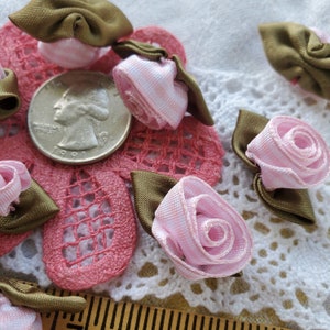 Light Pink & White Gingham Ribbon Barrel Roses Hand Sewn Appliques 36 ...