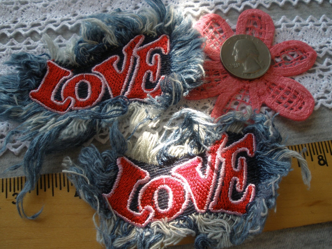 Indigo Denim Love Patches Embroidered Pink & Red Thread Shabby Frayed ...