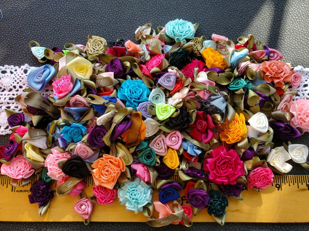 Ribbonwork Flowers Mixed Satin Ribbon Rosettes Hand Sewn Appliques 100 ...