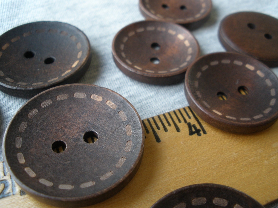 30MM Stitched Wood Coat Buttons Sew-on Dark Stain Finish Wooden 2 Hole ...