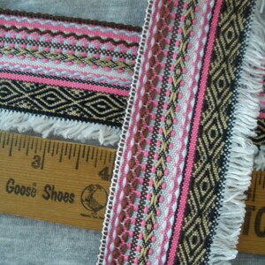 Tribal Woven Ribbon With Micro Loop Fringe 1 7/8" Wide Pink White Black ...