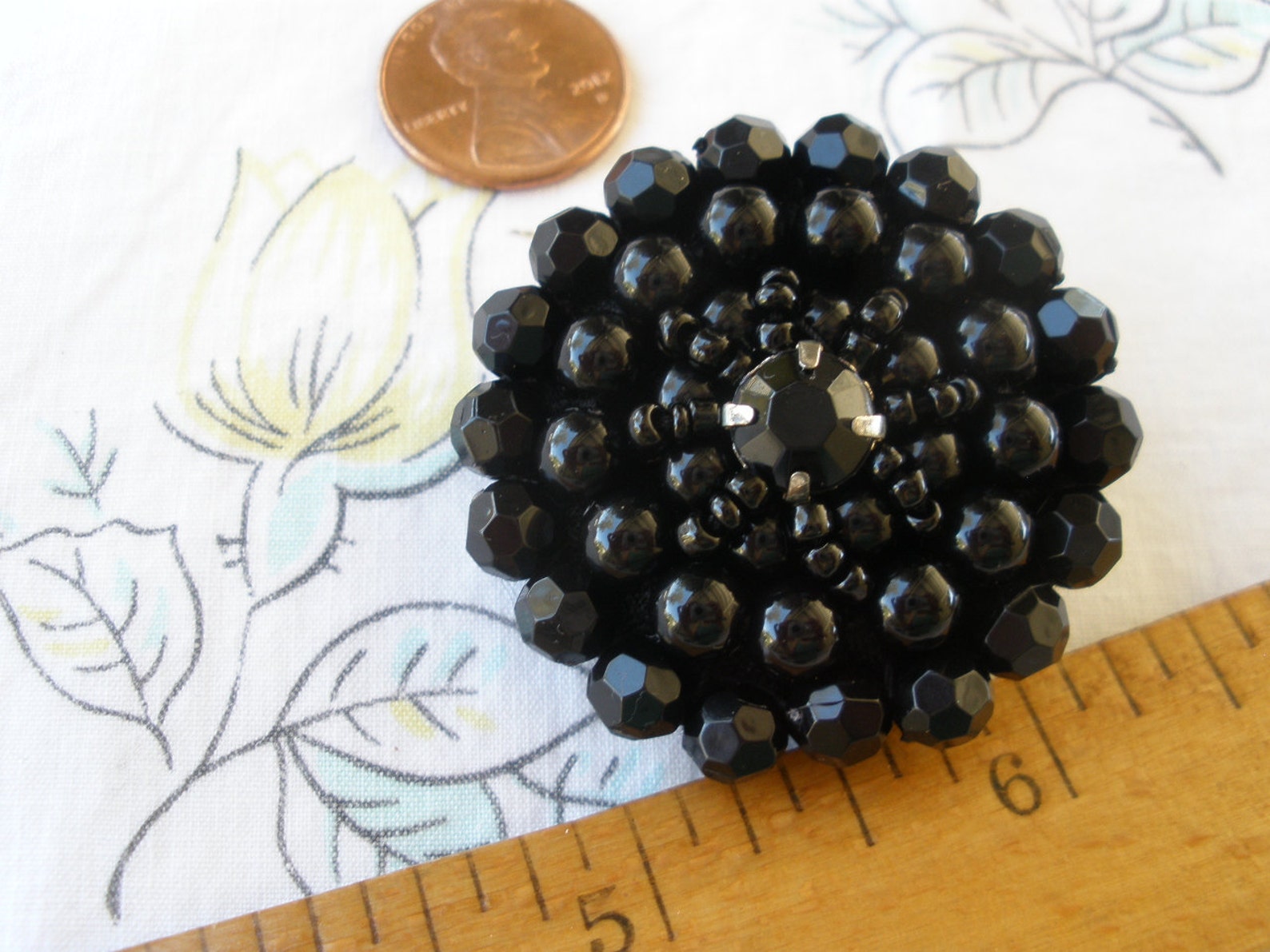 Large Black Beaded & Rhinestone Buttons 40MM 65L Flower Faceted Sewn ...