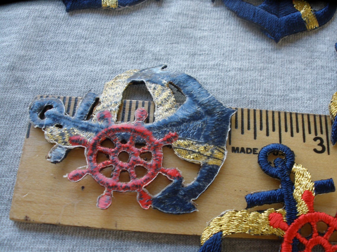 Anchor Wheel & Rope Iron on Patches Dark Navy Red Metallic Gold ...
