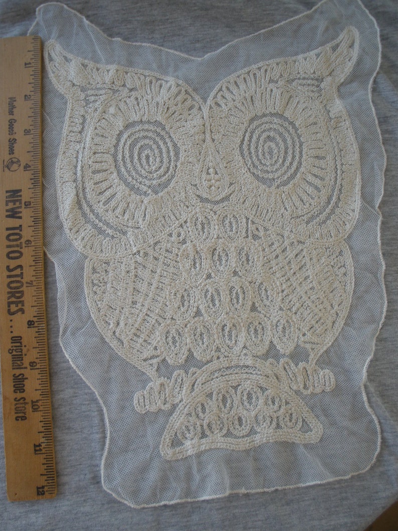 Cream Owl Applique Embroidered on Net Lace 8.75" X 11.75" Large ...