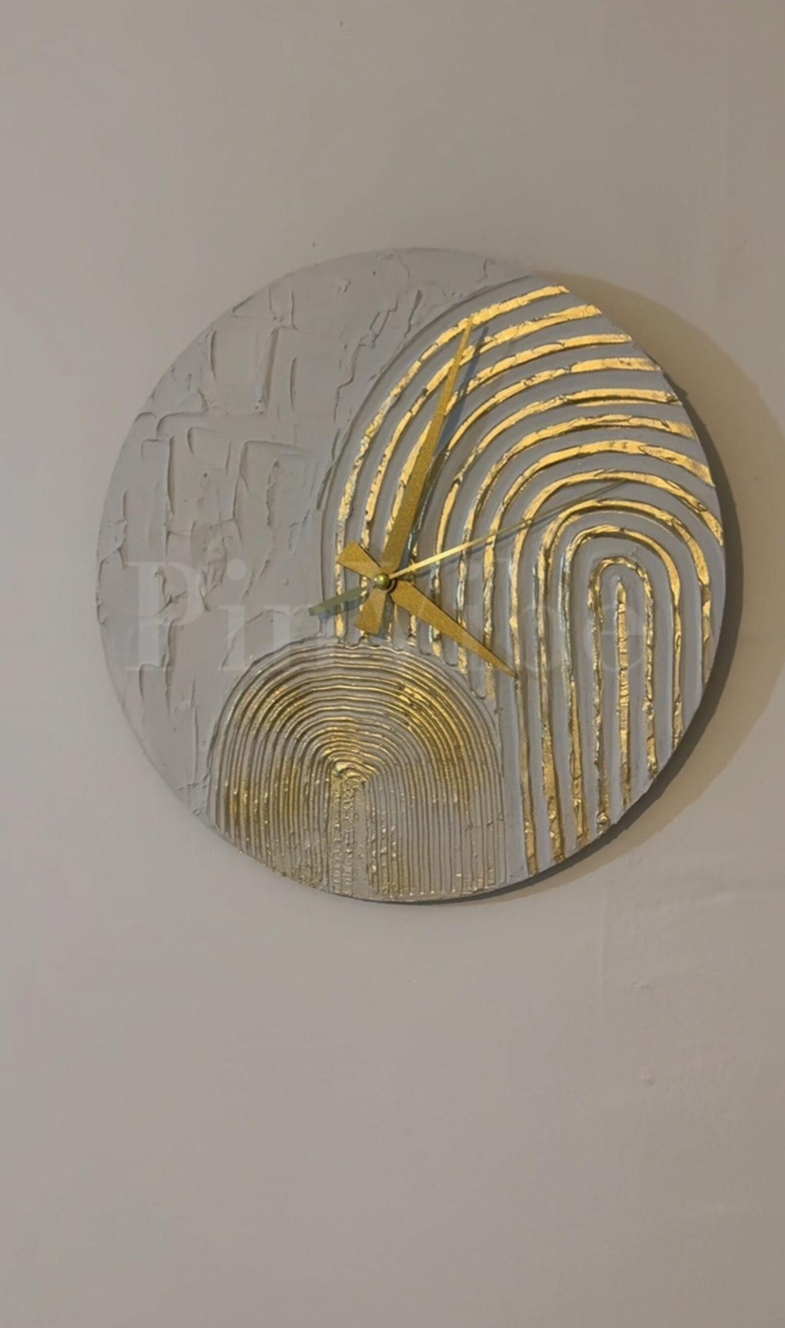 Handmade Minimal Embossed Wall Clock – White Plaster With Gold Details ...