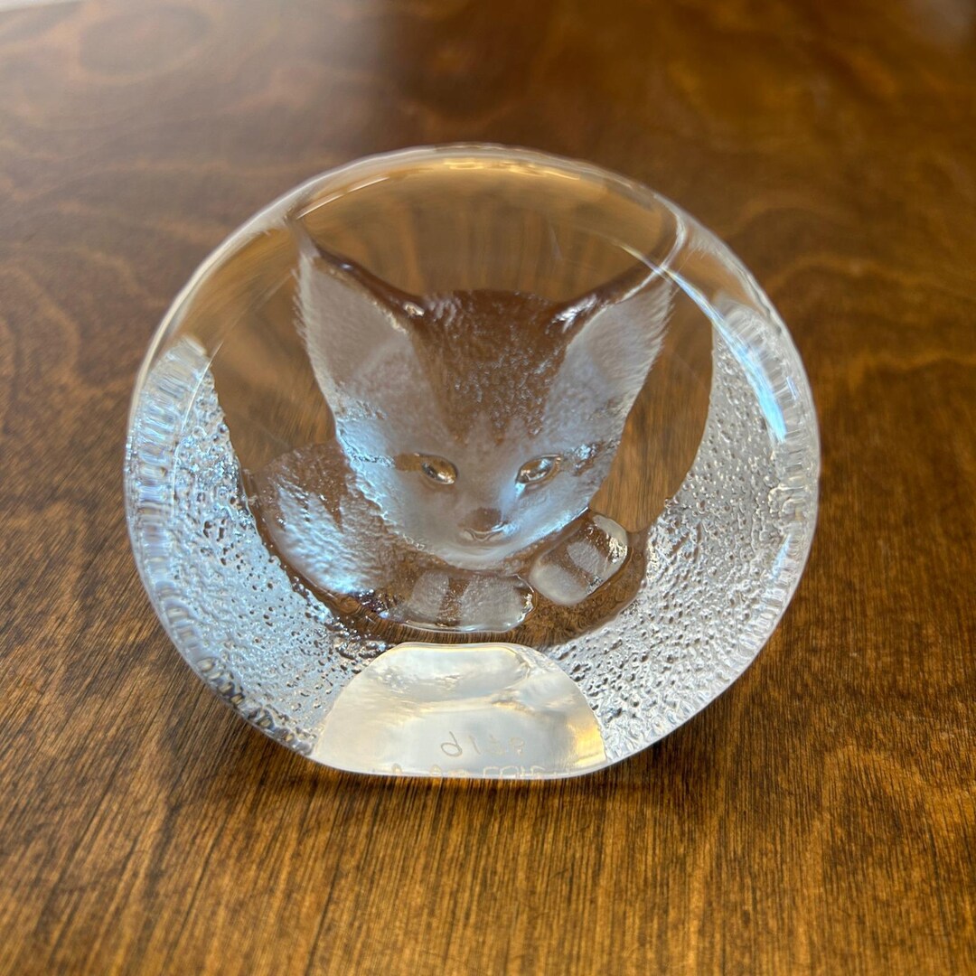 Vtg Glass Cat Paperweight Etched Art Sculpture Mats Jonasson Sweden ...