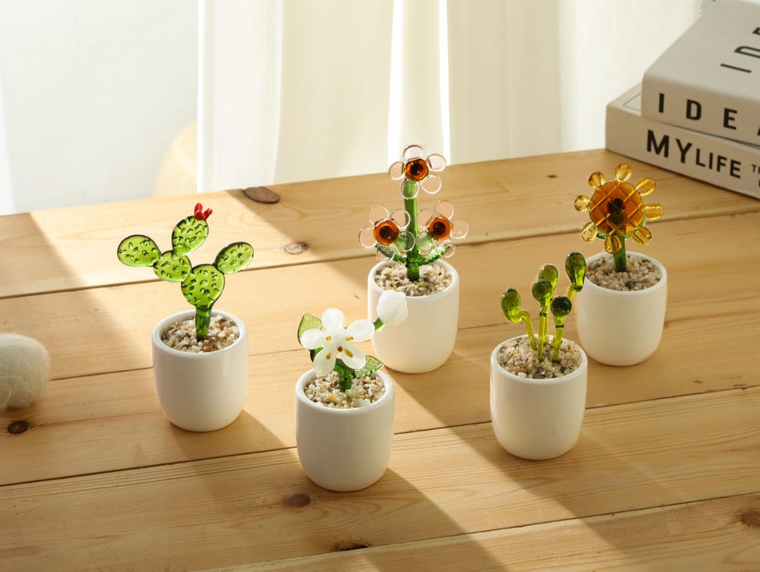 Handmade Flower Figurine, Miniature Hand-blown Cactus Glass, Sunflower ...