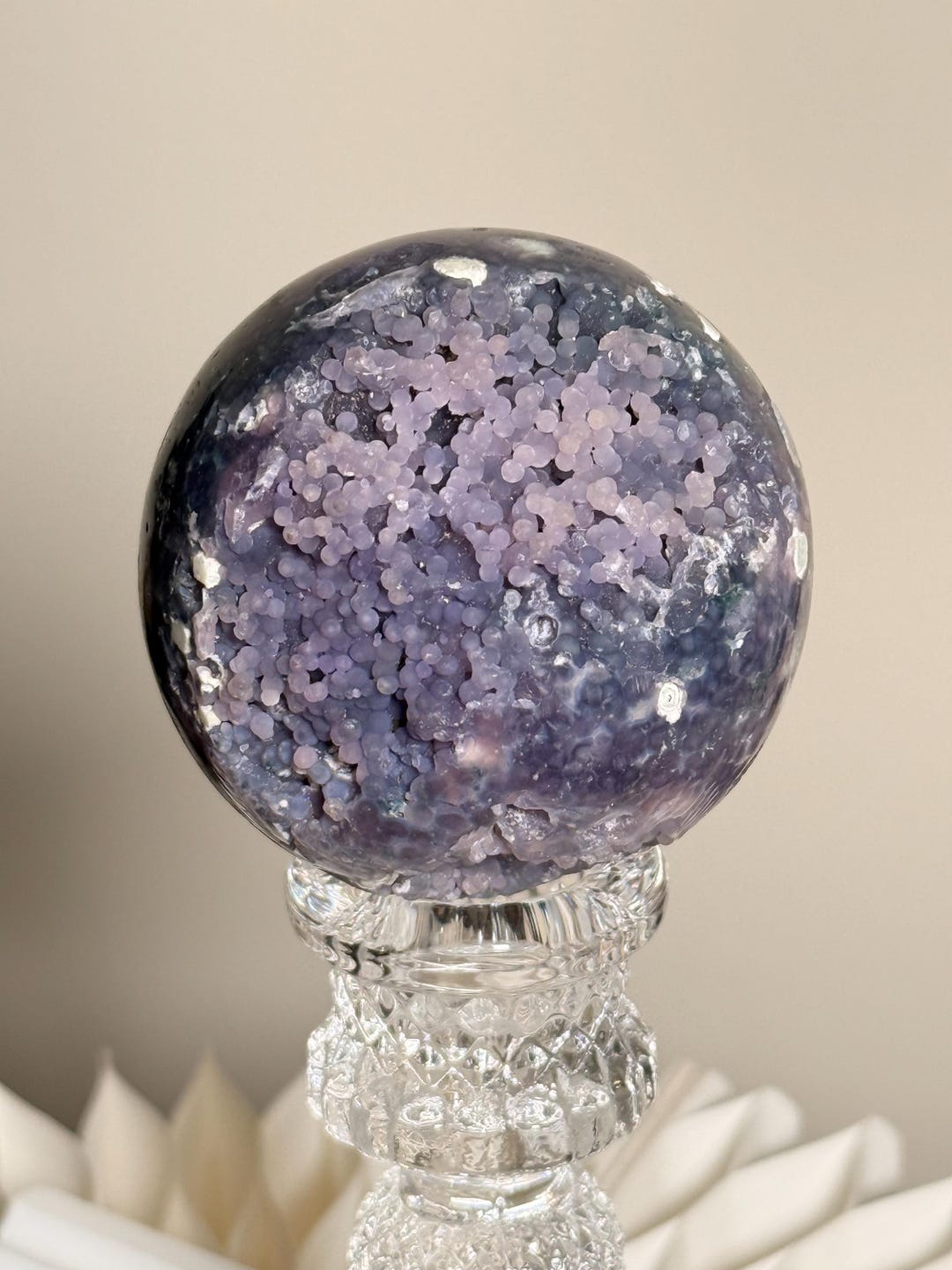 Grape Agate Sphere With Glass Stand, 2.5'‘， 7‘‘ Tall on Stand | Purple ...