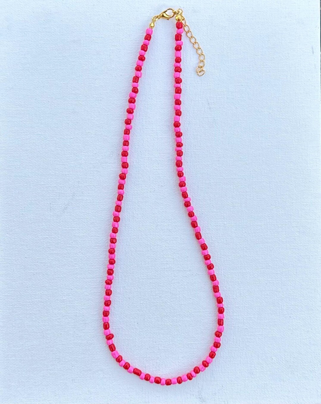 Pink & Red Beaded Necklace - Seed Bead Strand - Etsy