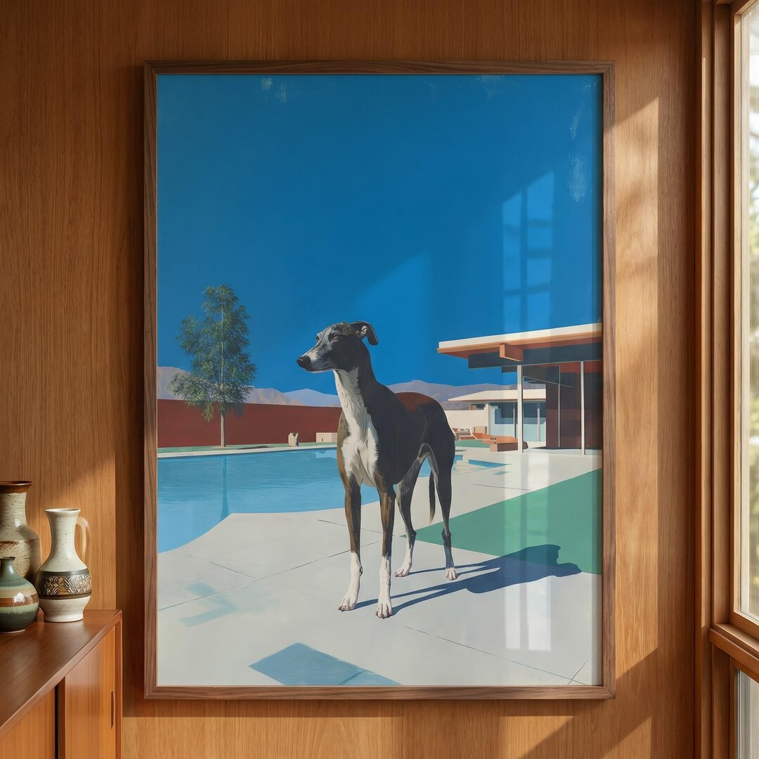 Greyhound Poolside Art Print | Mid-century Modern Dog Wall Decor - Etsy