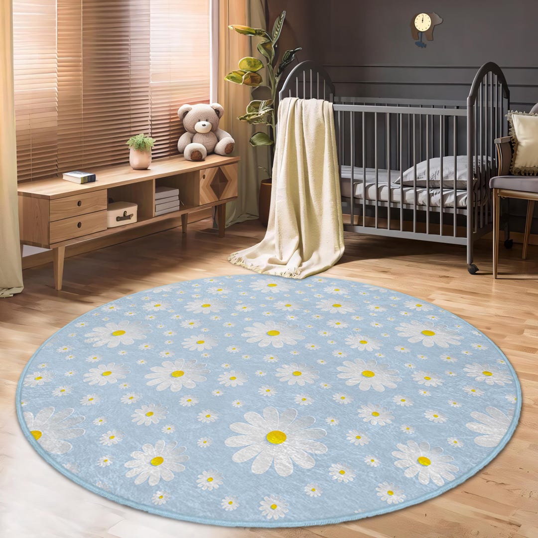 Floral Nursery Rug, Daisy Pattern, Blue & White (round, Non-slip) - Etsy