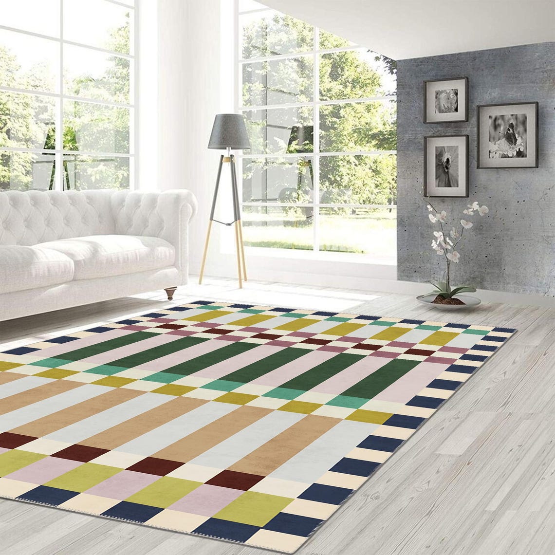 Colorful Geometric Rug: Bold Checkered and Striped Design - Etsy