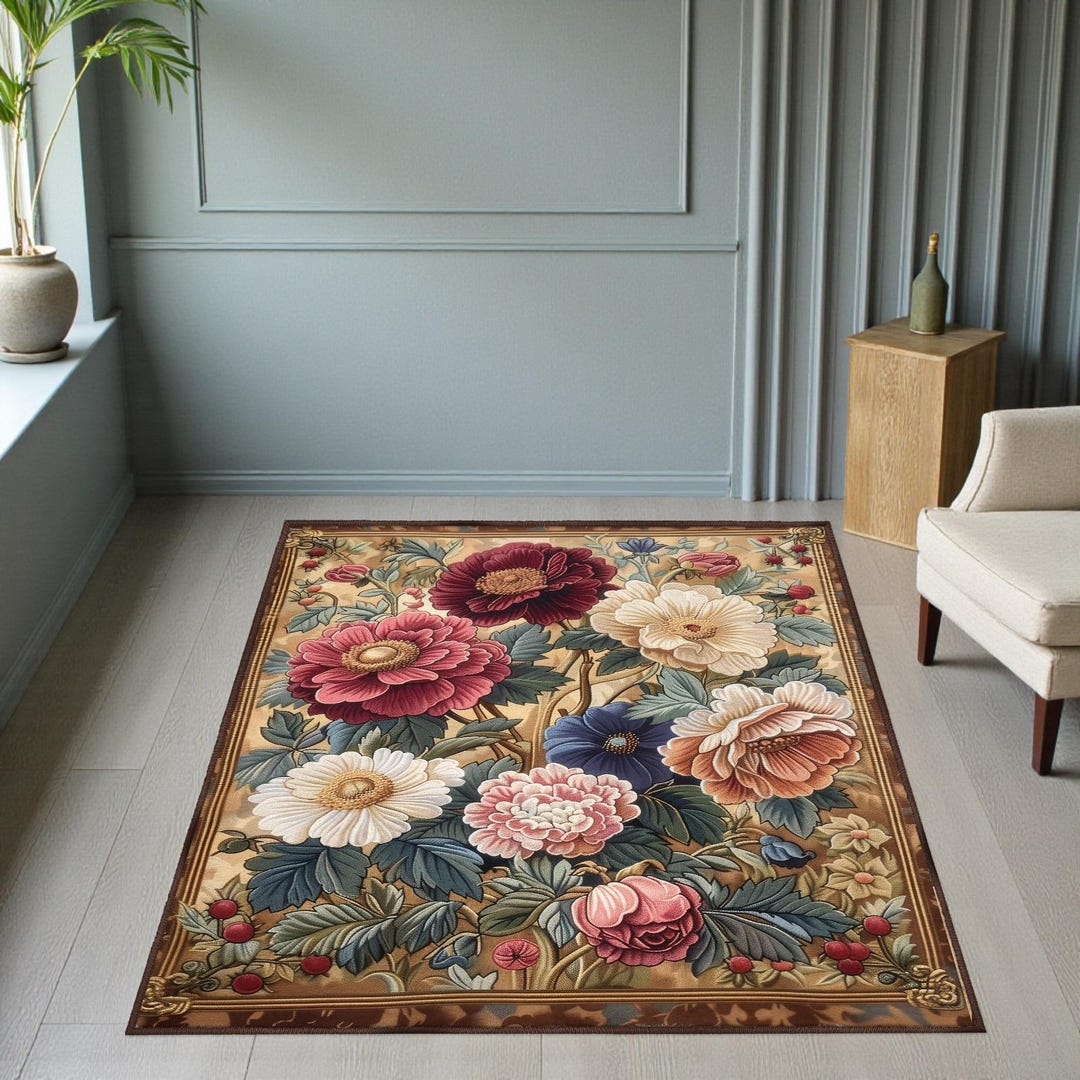 Vintage Floral Area Rug: Victorian Cottagecore Botanical Design - Etsy