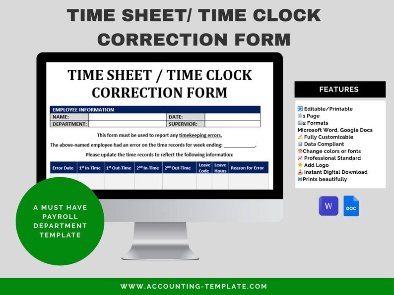 Time Sheet Correction Form: Employee Time Card Template (digital ...