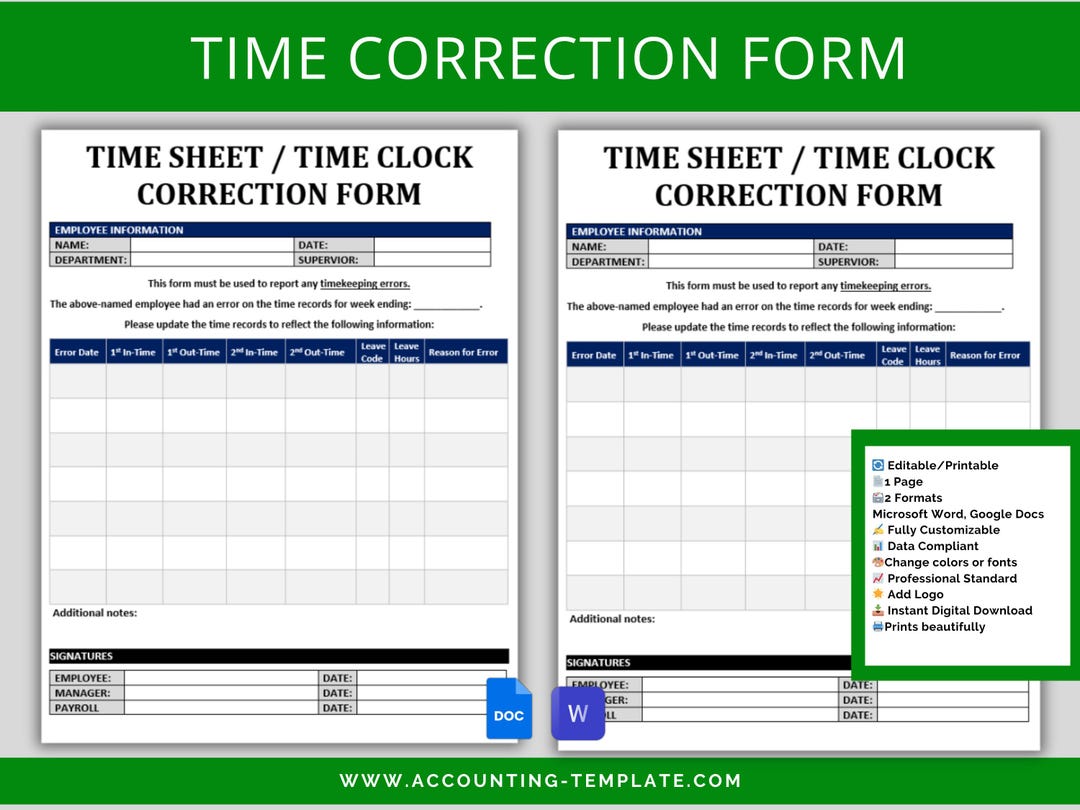 Time Sheet Correction Form: Employee Time Card Template (digital ...
