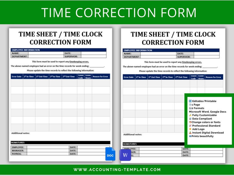 Time Sheet / Time Clock Correction Form | Missed Punch Form | Employee Time Card | Timesheet ...