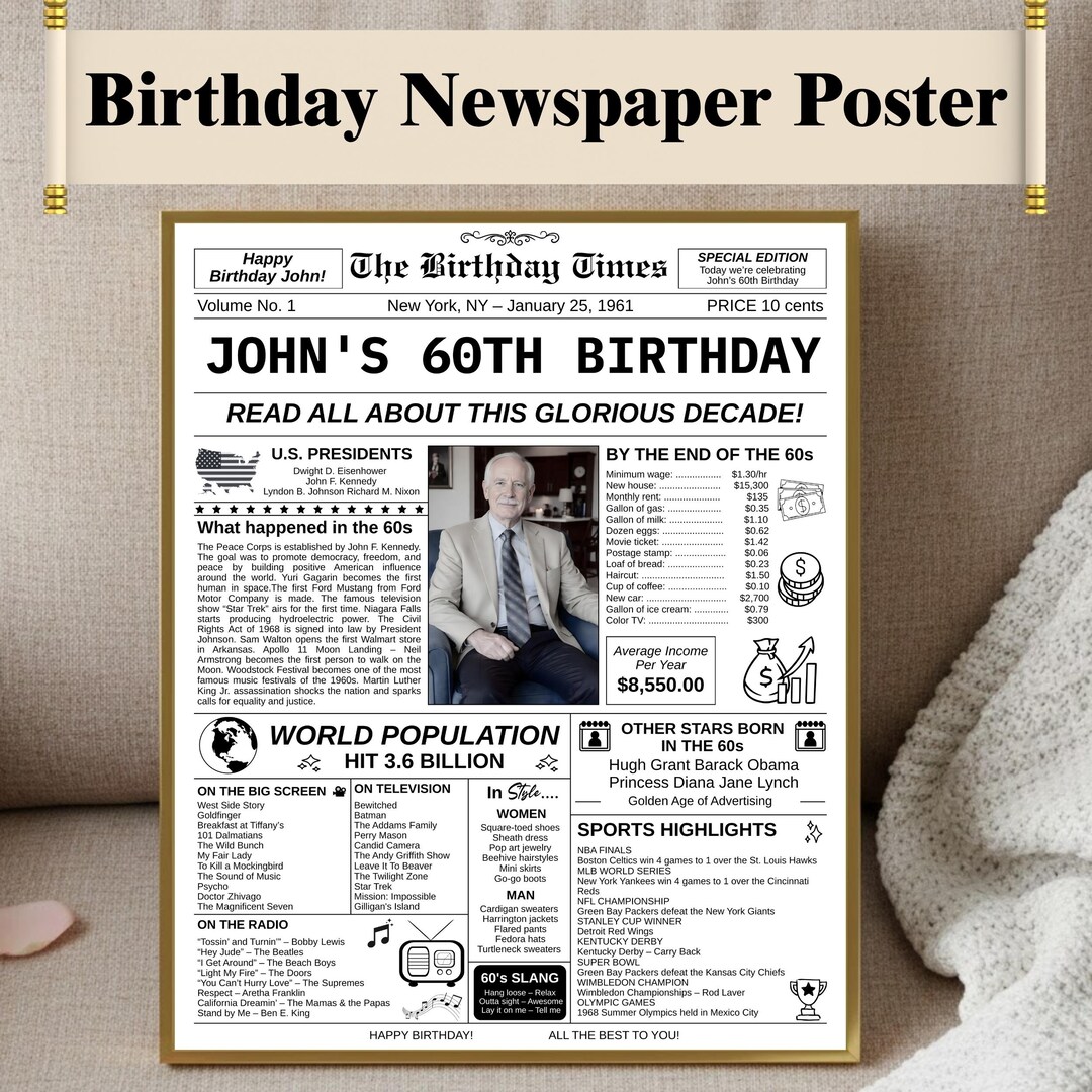 Personalized Newspaper Birthday Poster Any Age, Vintage Birthday ...