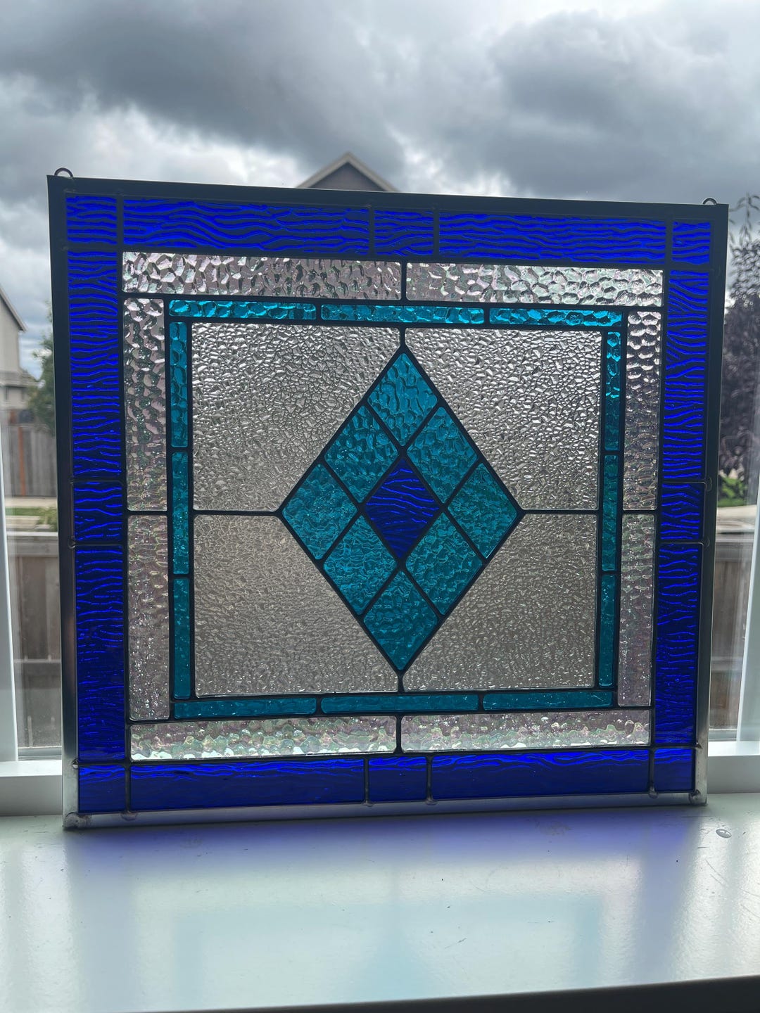 Stained Glass Leaded Window Panel Diamond Shape Deep Blue - Etsy