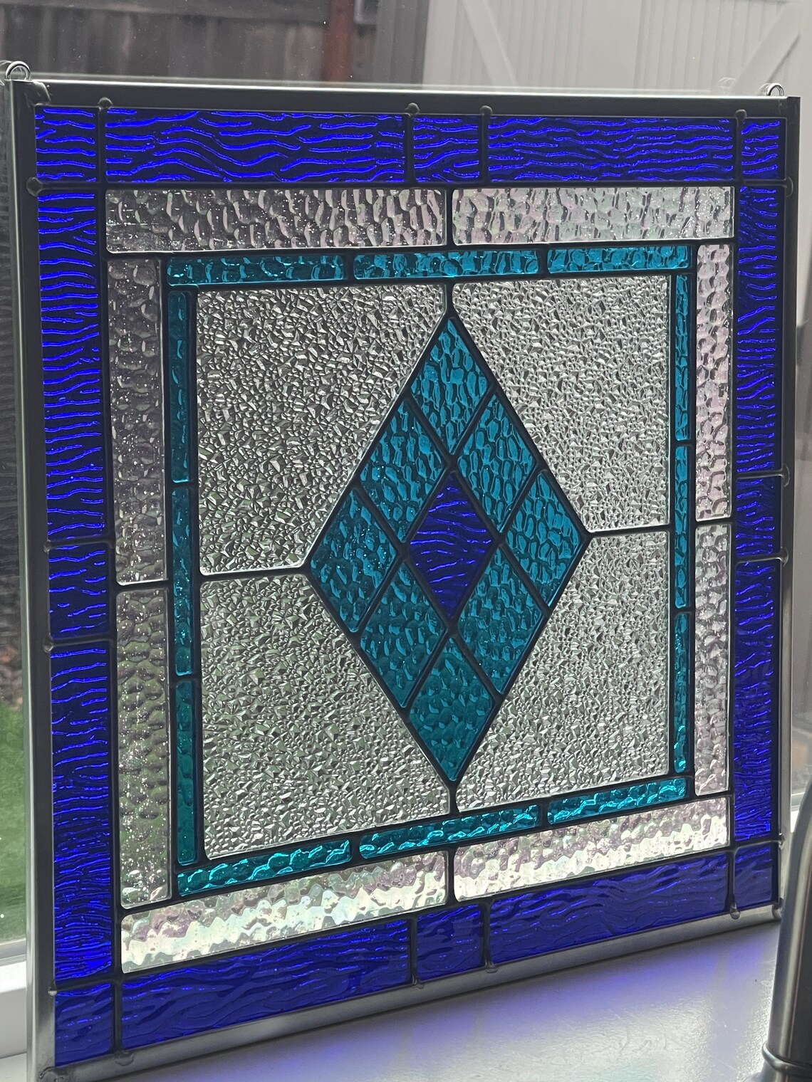 Stained Glass Leaded Window Panel Diamond Shape Deep Blue - Etsy