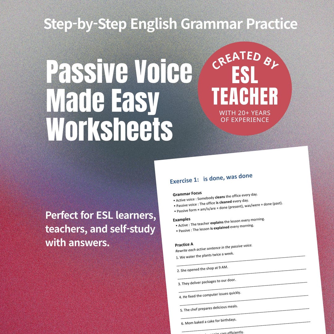 Passive Voice ESL Worksheets | Grammar Exercises (PDF Pattern) - Etsy