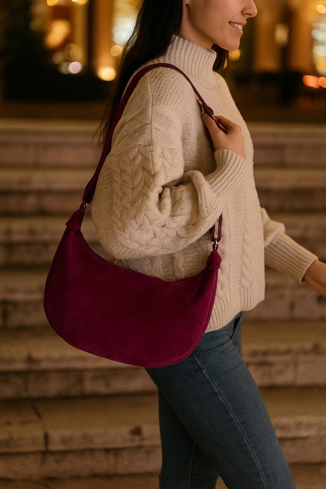 Suede Shoulder Bag: Half Moon Design, Medium Size,adjustable Strap ...