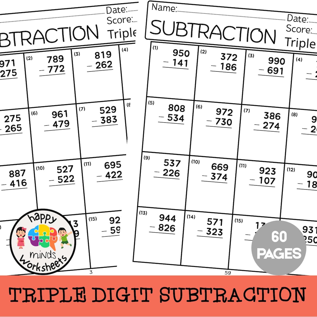 Triple Digit Subtraction With and Without Regrouping Practice ...