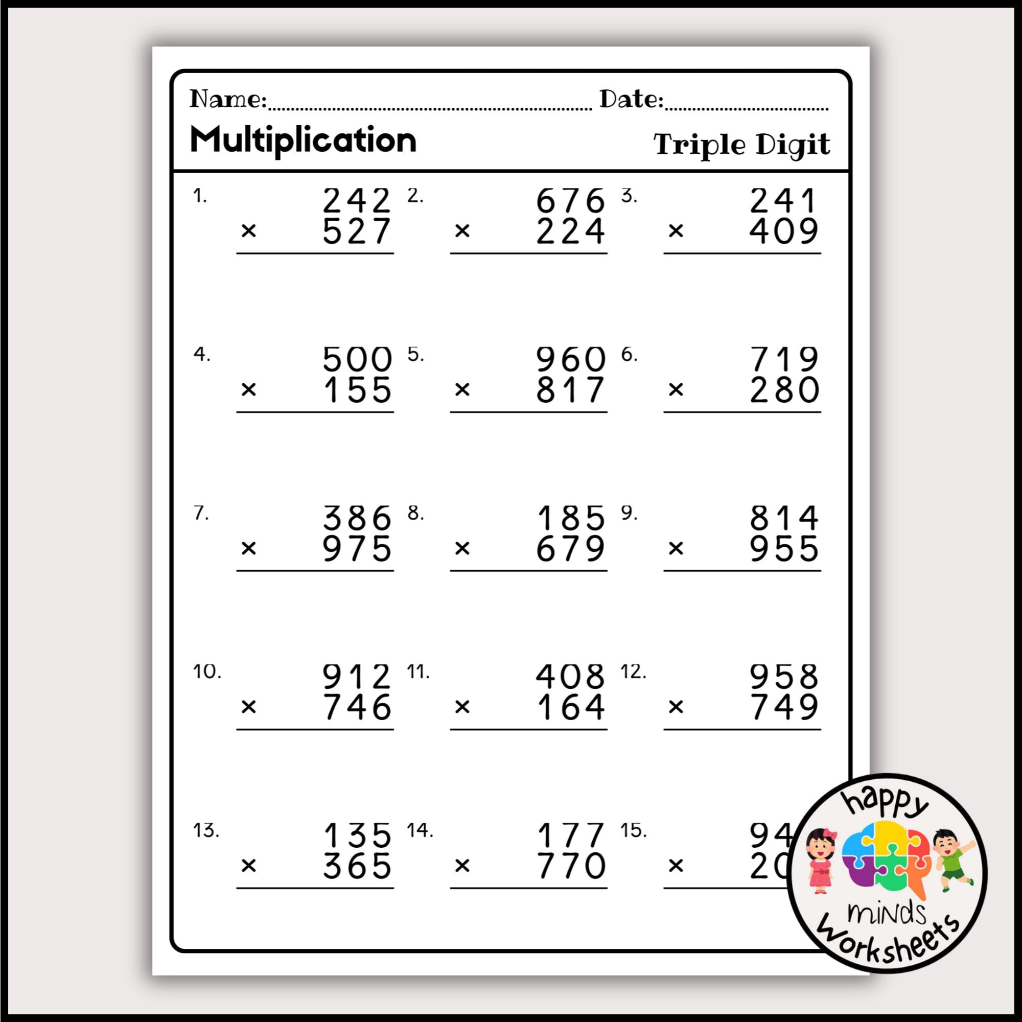 Triple Digit Multiplication Worksheets - Multiply 3 Digit by 3 Digit ...