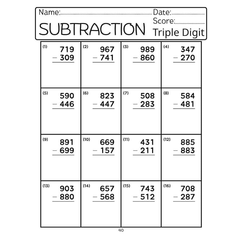 Triple Digit Subtraction With and Without Regrouping Practice ...