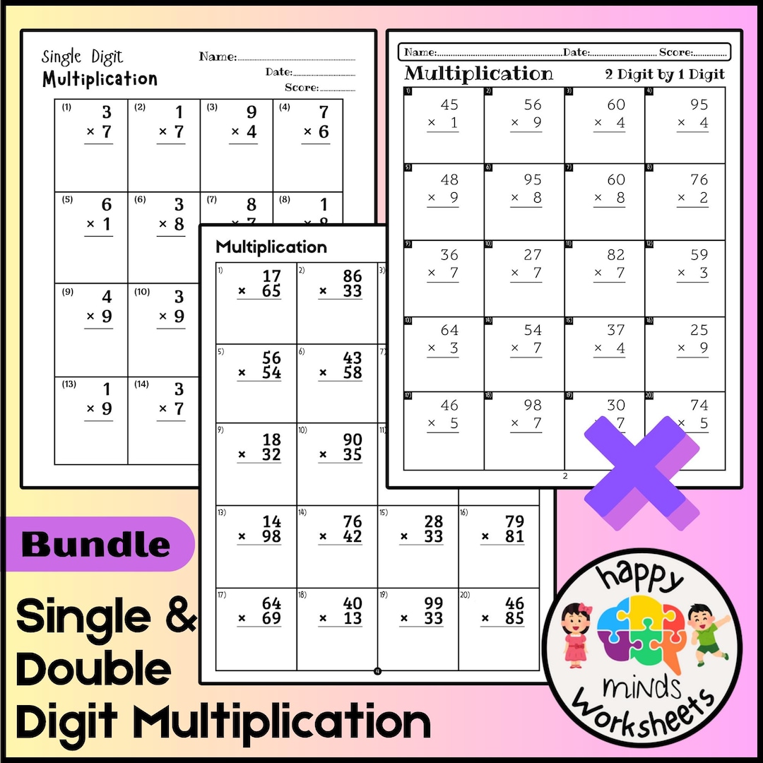 Single and Double Digit Multiplication Practice Worksheets Bundle ...