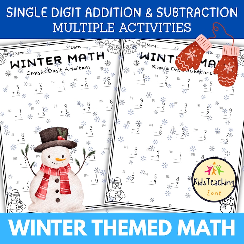 Winter Themed Math Single Digit Addition and Subtraction Practice ...