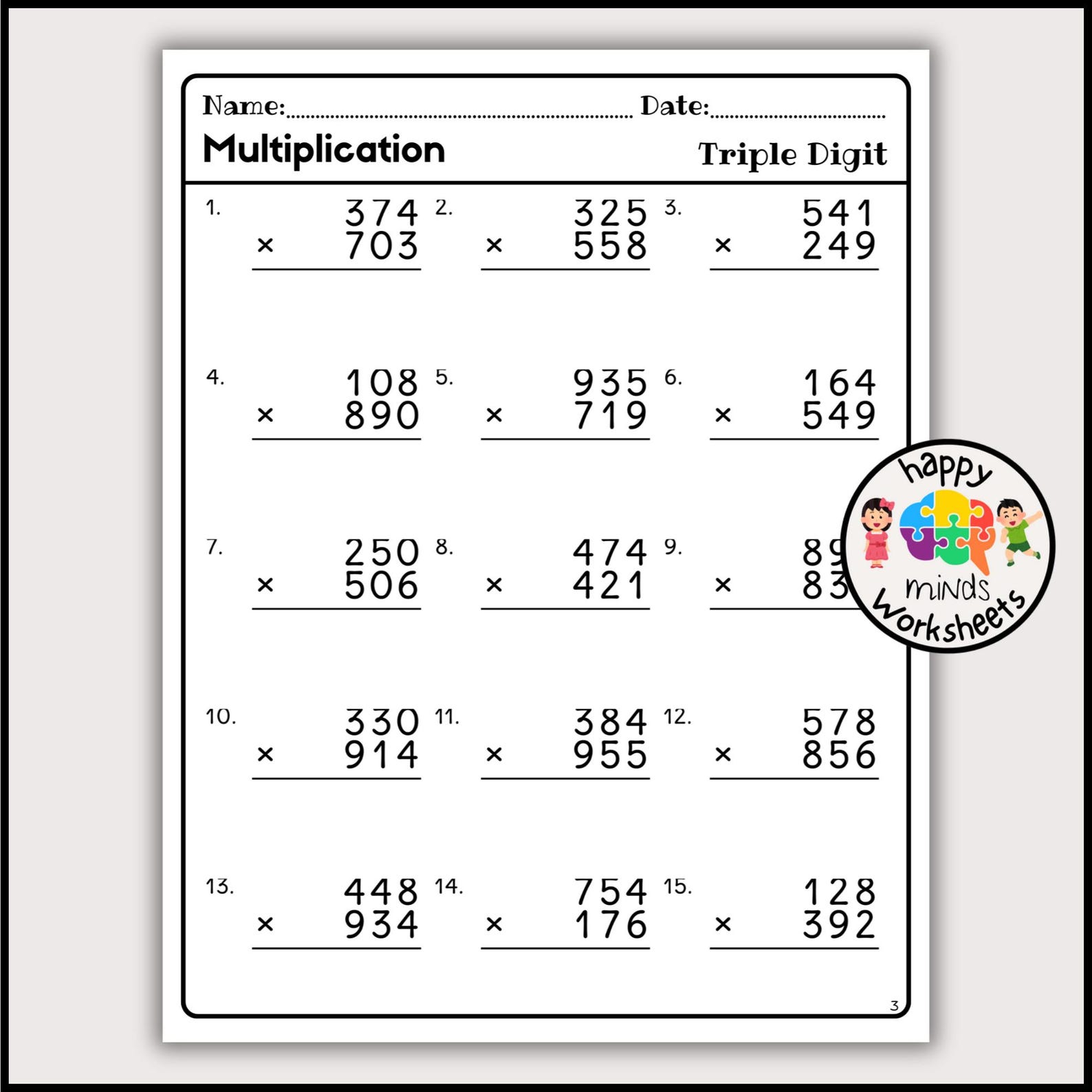 Triple Digit Multiplication Worksheets - Multiply 3 Digit by 3 Digit ...