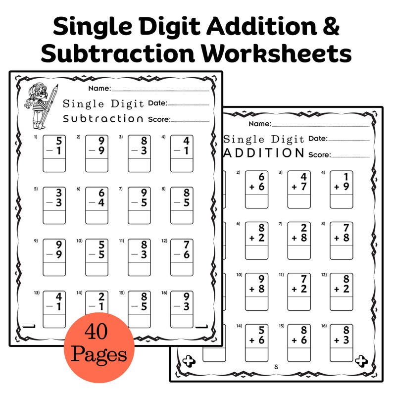 Single Digit Addition and Subtraction Worksheets - Etsy