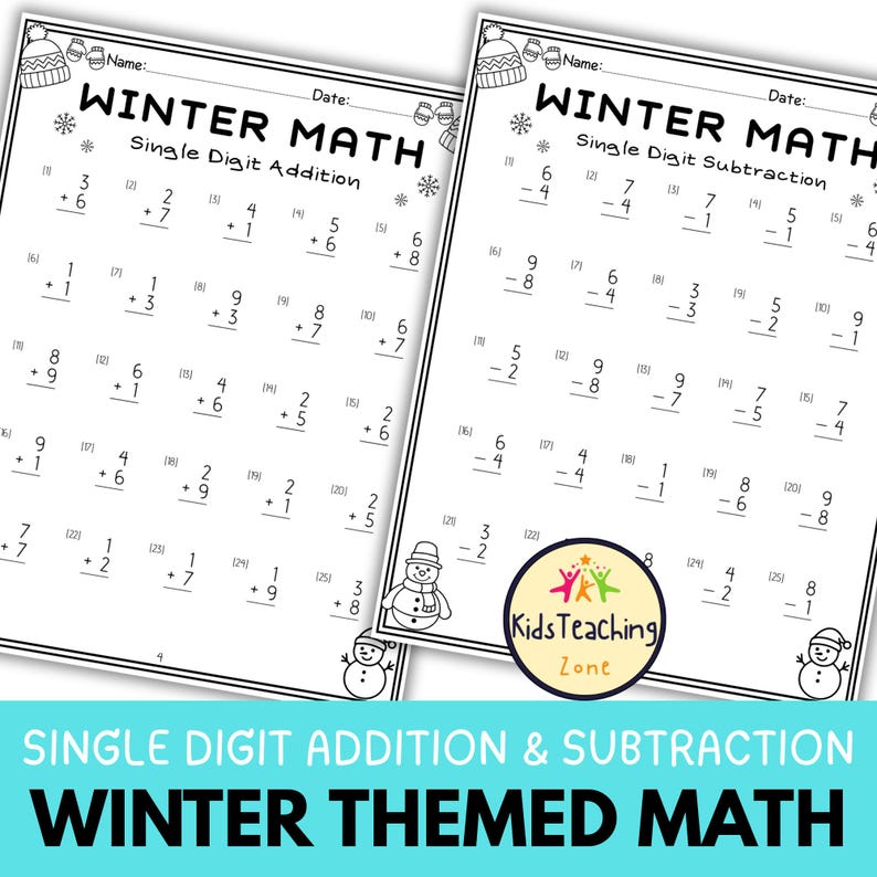 Winter Themed Math Single Digit Addition and Subtraction Practice ...