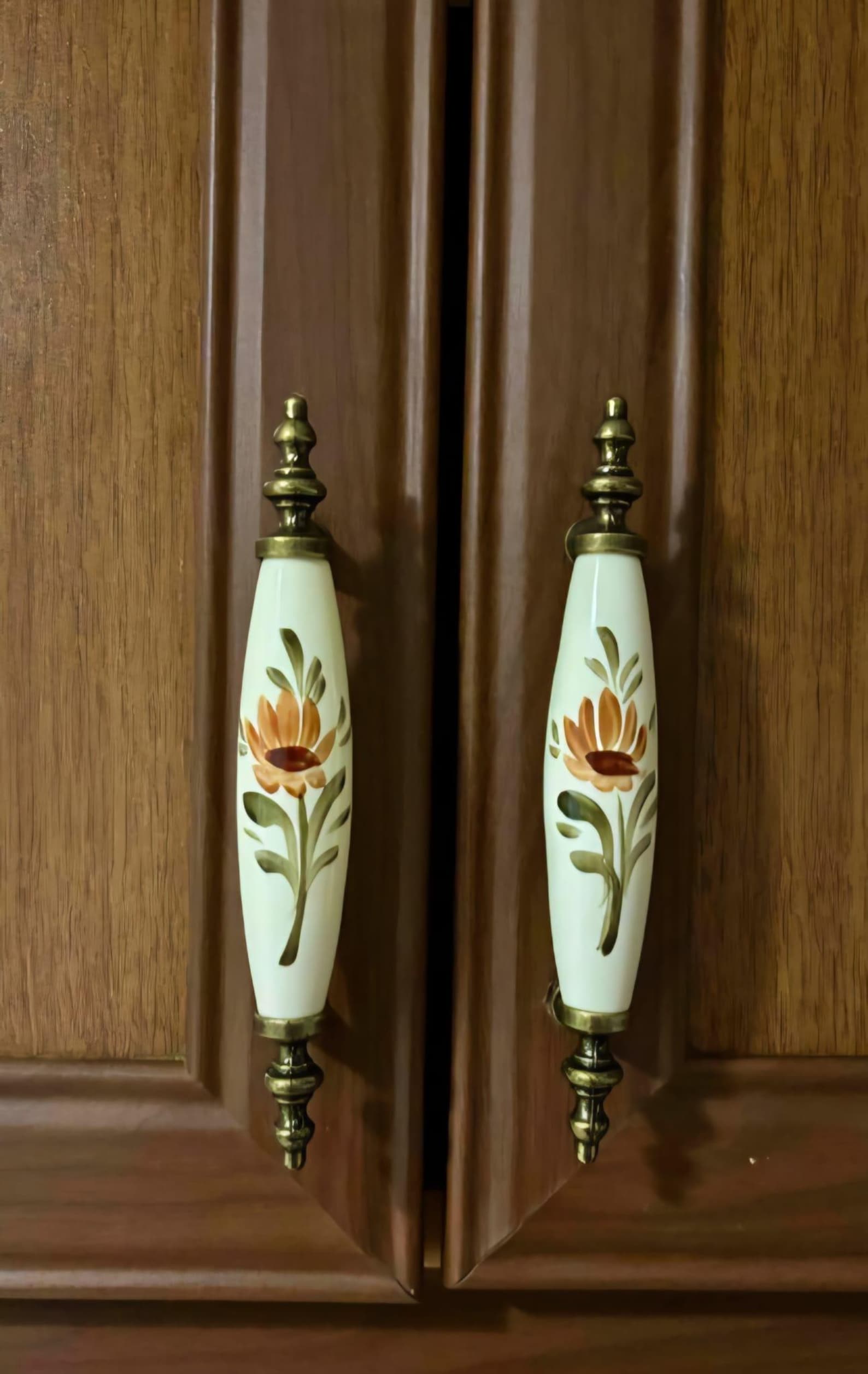 Vintage Floral Ceramic Drawer Pulls, Porcelain Cabinet Handles, Rustic ...