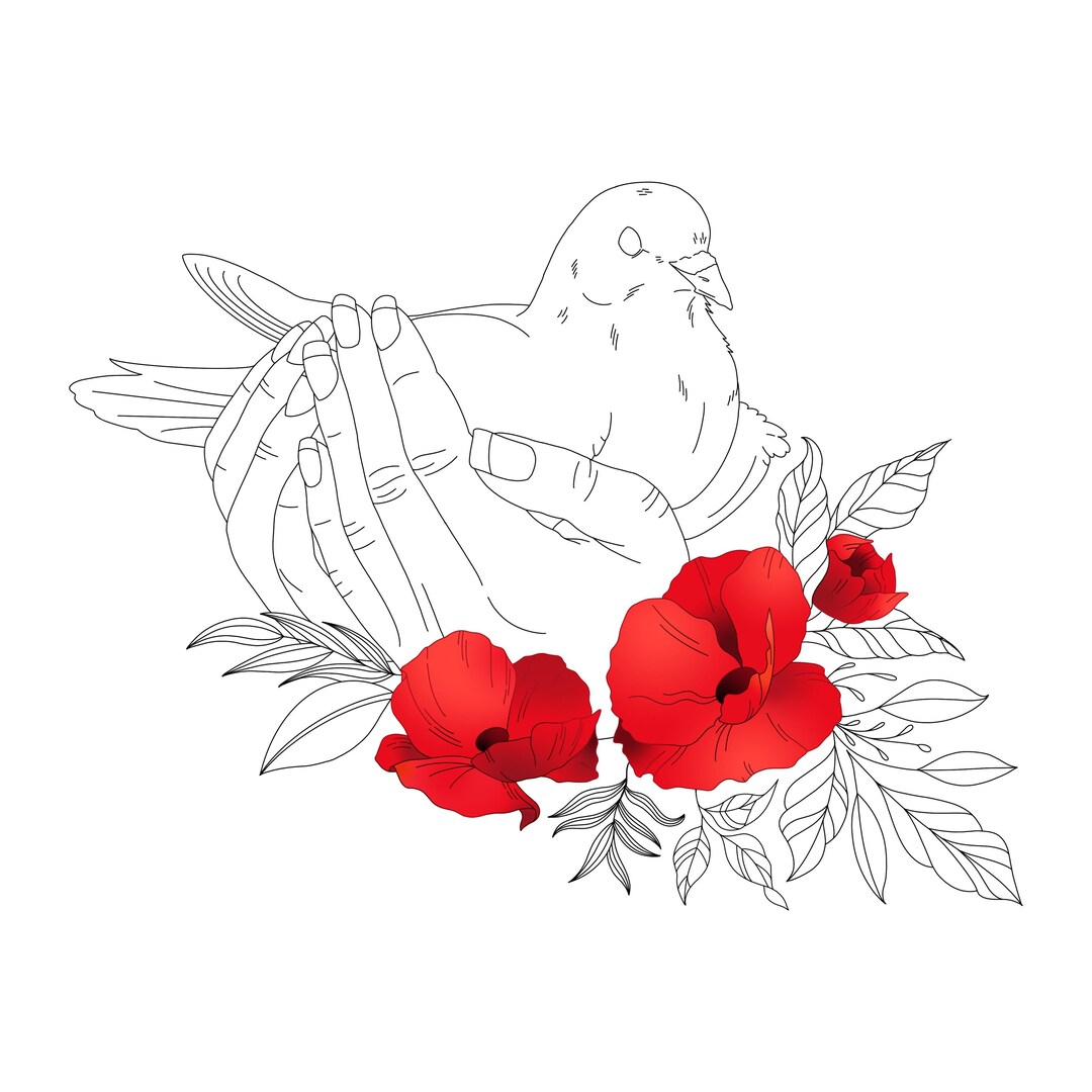Dove and Poppies - Tattoo Concept Art - Fine Line Design - Instant ...