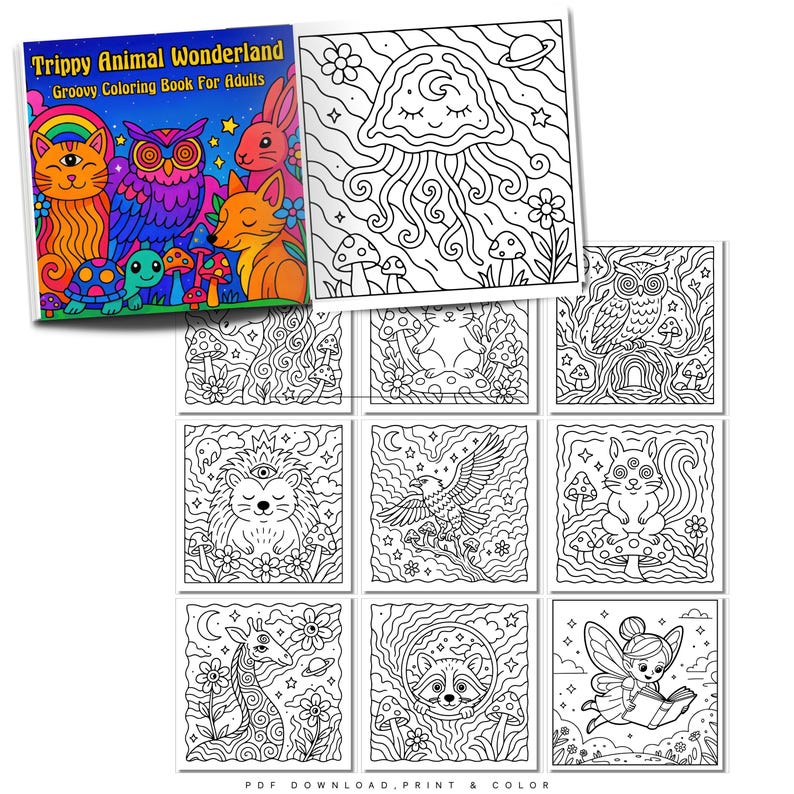 Trippy Animal Art Coloring Book | 48 Bold and Easy Groovy Pages | PDF ...