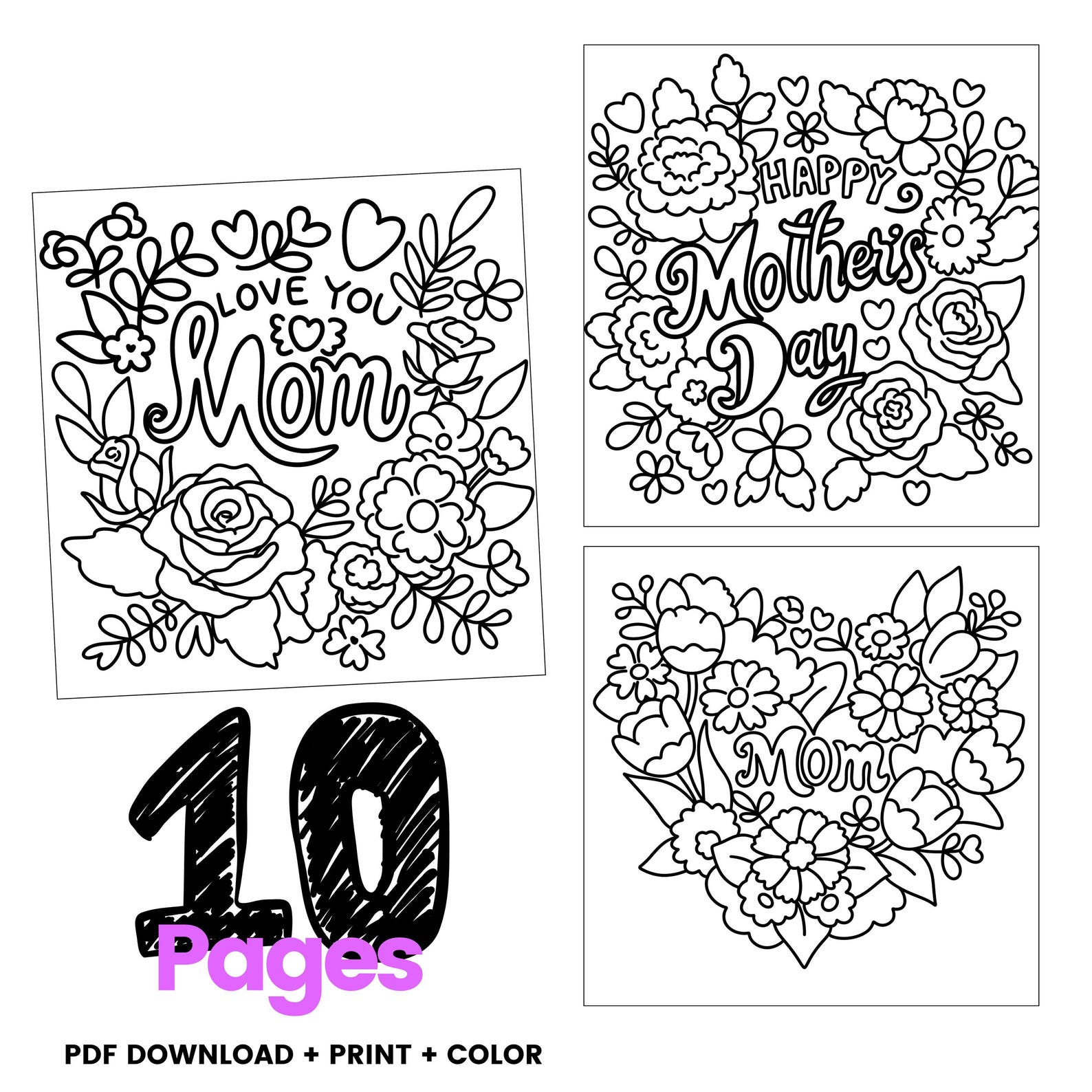 Mother's Day Coloring Pages, Simple Floral Designs (PDF Download) - Etsy